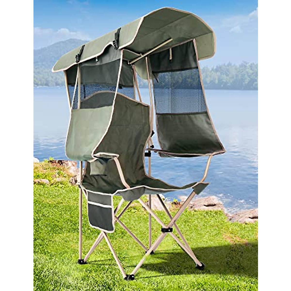 Docusvect Folding Camping Chair with Shade Canopy for Adults, Canopy Chair for Outdoors Sports with Cup Holder, Side Pocket for Camp, Beach, Tailgates, Fishing - Support 330 LBS