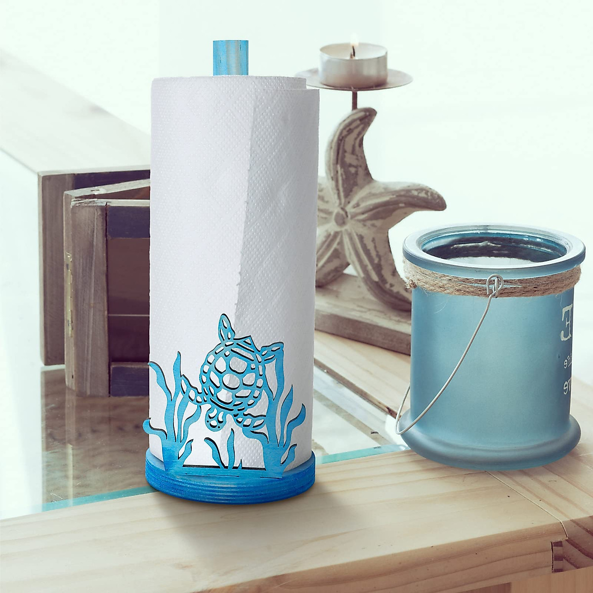 Beach Paper Towel Holder Nautical Wooden Paper Towel Stand Sea Turtle Octopus Weed Ocean Paper Towel Dispenser Kitchen Farmhouse Accessories for Kitchen Table or Bathroom Decoration(Turtle)