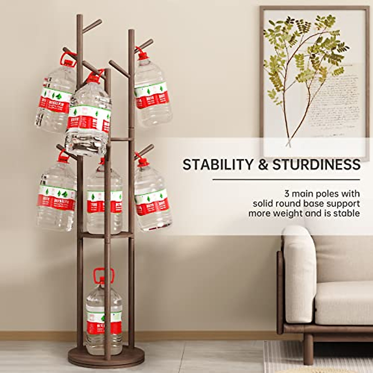 KASLANDI Coat Rack, Rotary Coat Rack Freestanding,FAS Grade Rubber Wood,Coat Rack Stand with 3 Shelves and 9 Hooks, Sturdy and Easy Assembly Wooden Coat Tree (Walnut)