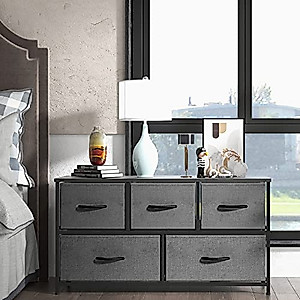 OLIXIS Dresser for Bedroom, Drawer Dresser Organizer Storage Drawers Fabric Dresser with 5 Drawers, Chest of Drawers with Fabric Bins, Long Dresser with Wood Top for Bedroom, Closet, Entryway