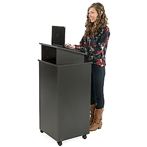 Rolling Wood Podium, 44"H, Locking Wheels, 2 Shelf Open Cabinet, Top Surface with Lip (Black)