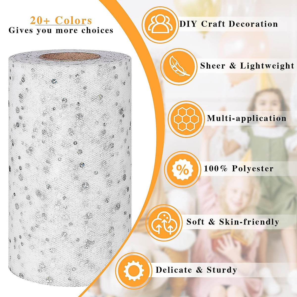 Glitter Tulle Rolls, 6” by 50 Yards (150FT) Sequin Tulle Netting Fabric Tulle for Tutu Skirts Sewing Birthday Wedding Party Decoration (White)