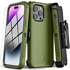 MYBAT Pro Shockproof Maverick Series Case for iPhone 14 Pro Max Case with Belt Clip Holster and Tempered Glass, 6.7 inch, Heavy Duty Military Grade Drop Protective, with 360° Rotating Kickstand-Green