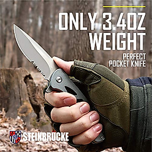 Motovecor Steinbrucke Pocket knife with 3.1”- EDCFolding Knife 9Cr18Mov High Performance Stainless Steel Partially Serrated Blade with Reversible Clip,3.3Oz Titanium coated 60-61 HRC