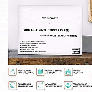 JANDJPACKAGING Printable Vinyl Sticker Paper - Waterproof Printable Vinyl for Laser & Inkjet Printer 15 Self-Adhesive Sheets - Matte White - Standard Letter Size 8.5"x11"