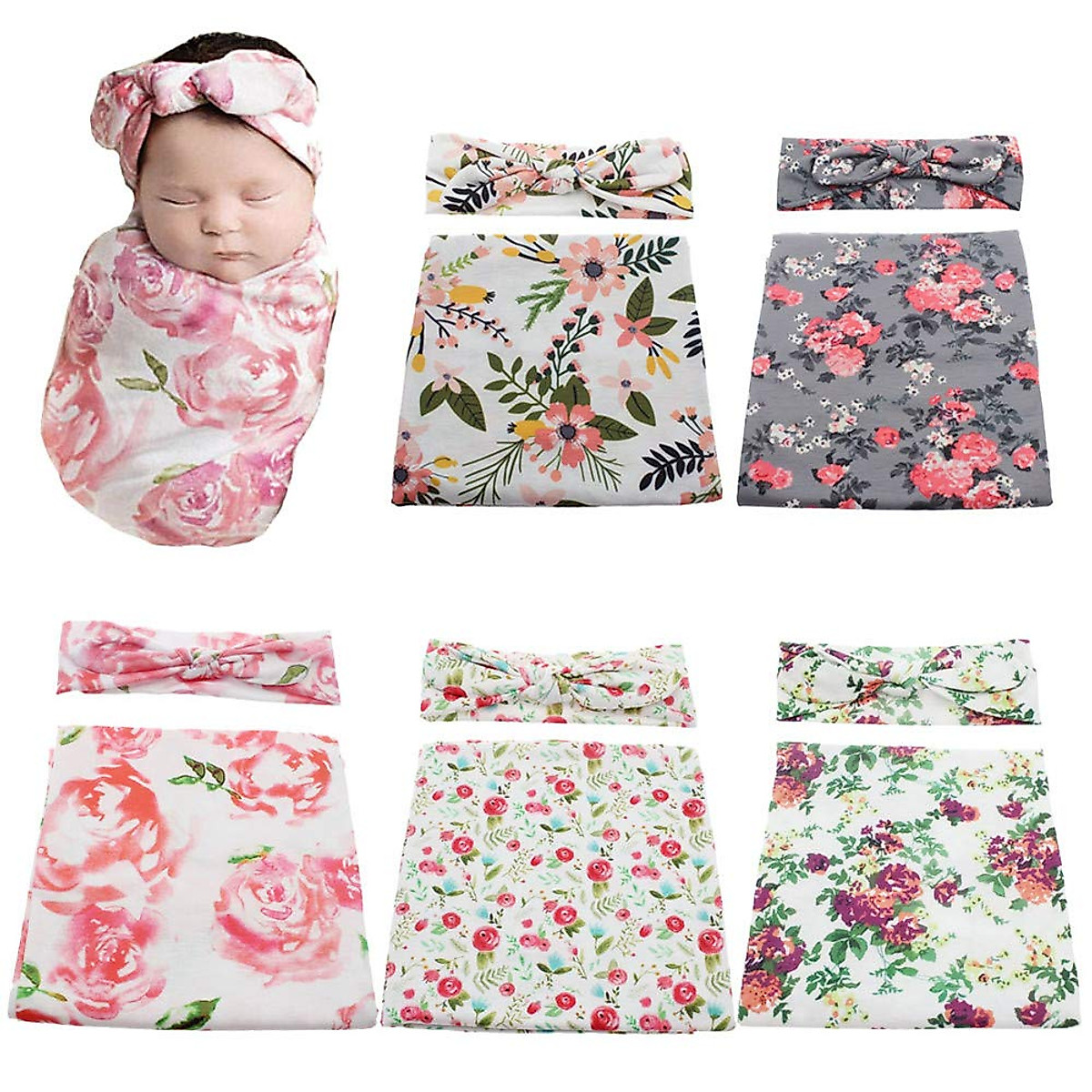 Infant Floral Swaddle Wrap with Headbands Hats Value Set Newborn Receiving Blanket Photography Props 35X35inch