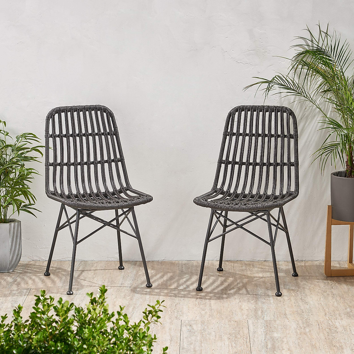 GDFStudio Indoor Wicker Dining Chairs (Set of 2), Gray and Black