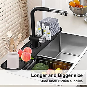 Burfocus Silicone Faucet Mat , Sink Splash Guard, Silicone Faucet Handle Drip Catcher Tray, Sponge Holder Sink Protector for Kitchen Bathroom Farmhouse & RV Sink Accessories (Black (19.7" x 5.6"))