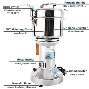 HighFree 700g Electric Grain Grinder Mill, 110V 2500W High Speed Electric Pulverizer Herb Grain Spice Coffee Seeds Rice Corn Pepper Cereal Powder Machine for Kitchen, Food Store