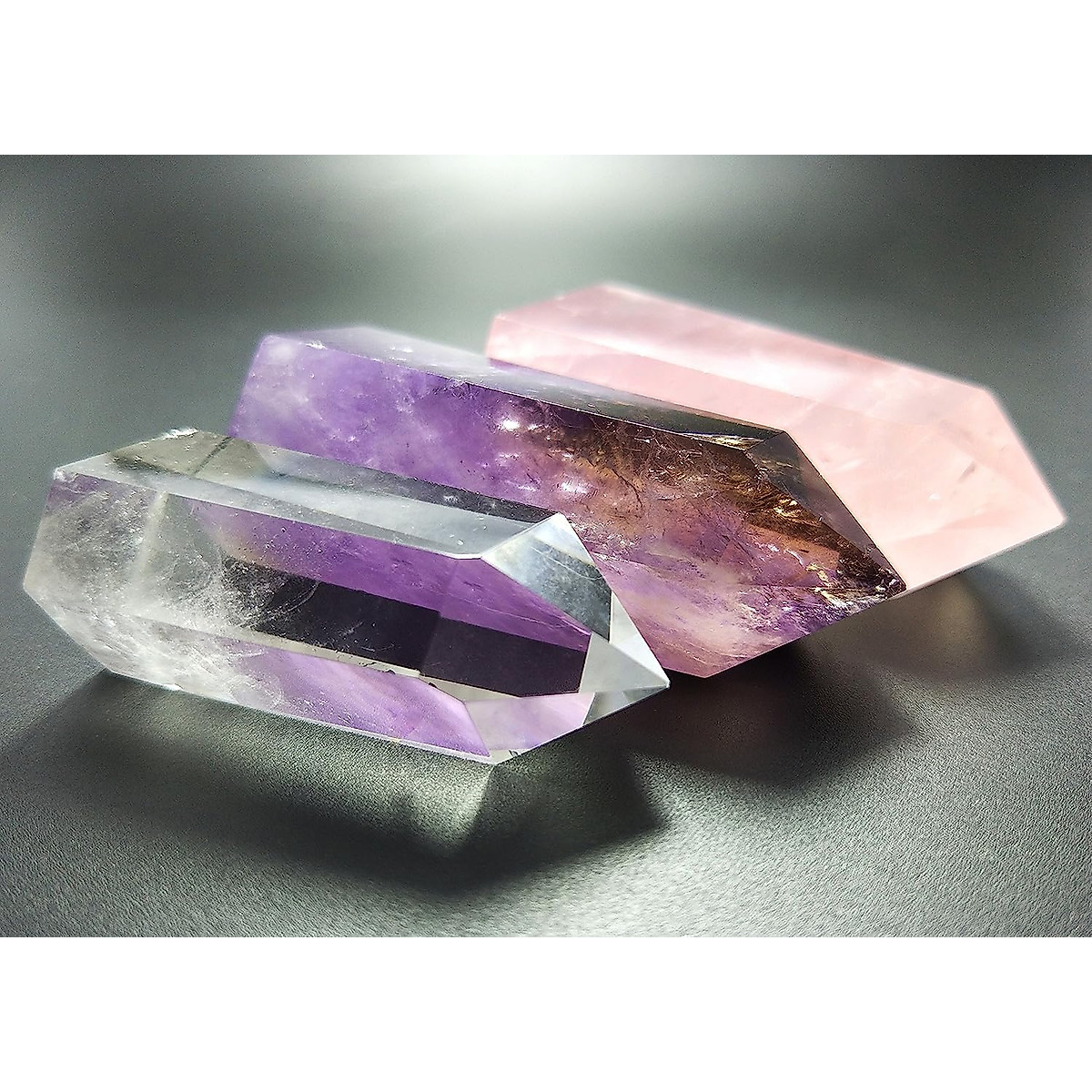 Mina Heal Healing Crystal Wands Point Faceted Prism Bars for Reiki Chakra Meditation Therapy Home Decoration Set of 3 (Rose Quartz, Clear Quartz & Amethyst)