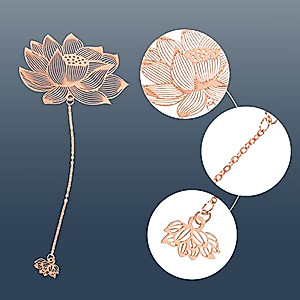 4 Pack Vintage Metal Bookmarks with Pendant, Gift Bookmark, Golden Hollow Bookmark, Metal Leaf Bookmark, Metal Openwork Bookmark, Four-Leaf Clover + Almond Leaf + Maple Leaf + Lotus Flower (Rose Gold)