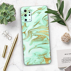 DesignSkinz Mint Marble & Digital Gold Foil V4 Protective Vinyl Decal Wrap Skin Cover Compatible with The Samsung Galaxy S20 (Screen Trim & Back Glass Skin)