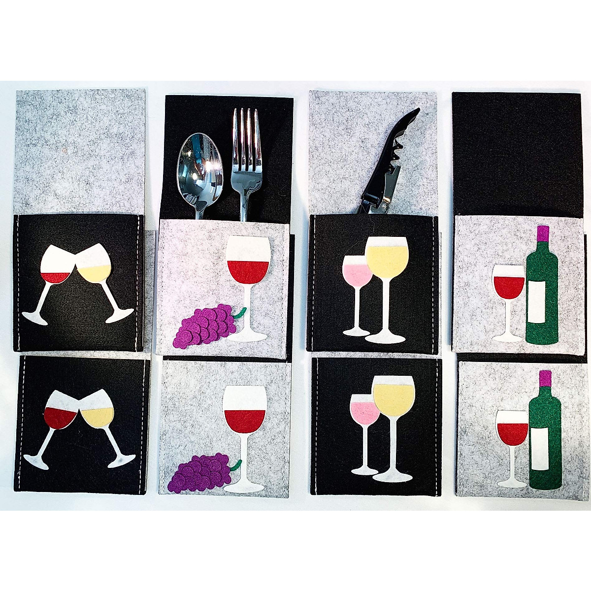 Wine Tasting Party Silverware Holders - 8 Pack Made of Sturdy, Colorful Felt with Fun Wine Bottle, Glass and Grape Images. Terrific for Entertaining or Book Club Hostess or House Warming Gift
