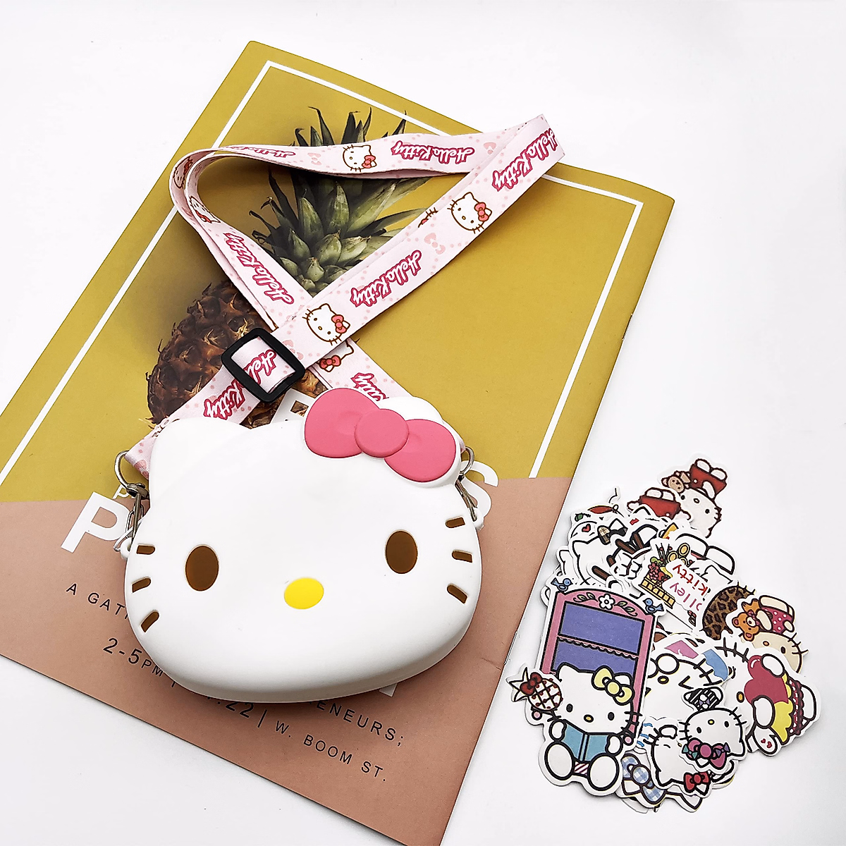 Kitty Cat Purse with Adjustable Lanyard And Stickers, Zipper Kitty Cat Wallet Kuluomi Crossbody Bag Shoulder Bag Coin Pouch Sanlio Accessories for Women