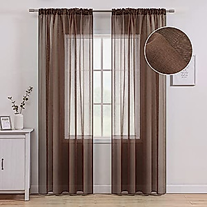 MIULEE Chocolate Brown Linen Textured Sheer Curtains 84 Inch Length 2 Panels Set for Bedroom/Living Room Semi Transparent Dark Brown Farmhouse Window Drapes Rod Pocket W 54 x L 84 Inches Long