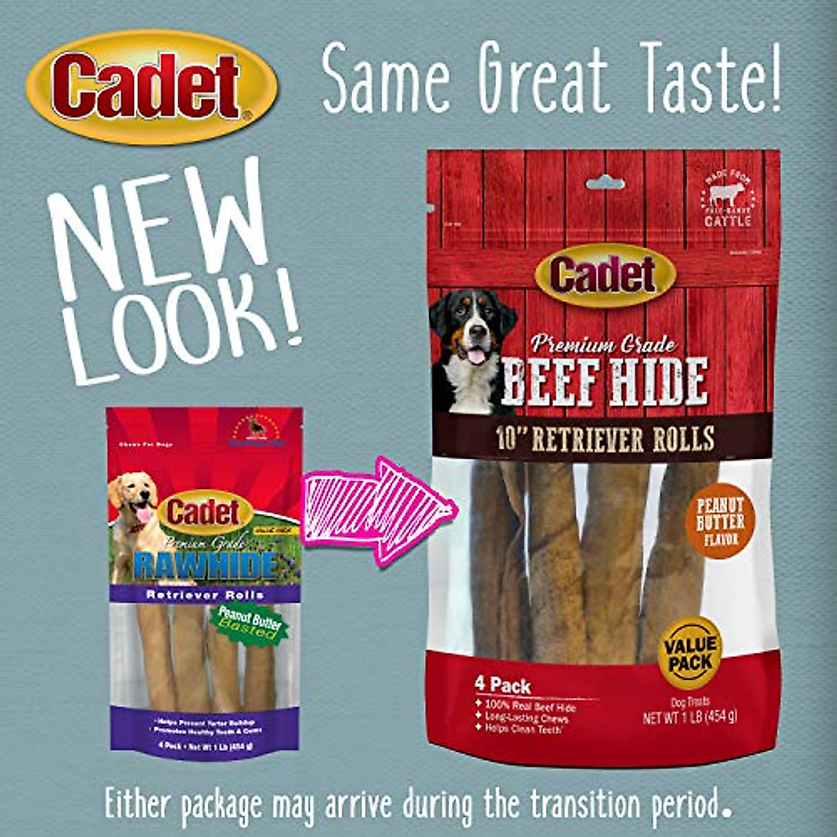 Cadet Premium Grade Beef Hide for Dogs, Long Lasting Rawhide Retriever Rolls, Single Ingredient Dog Chews, Peanut Butter Flavor, 10 Inch (4 Count)
