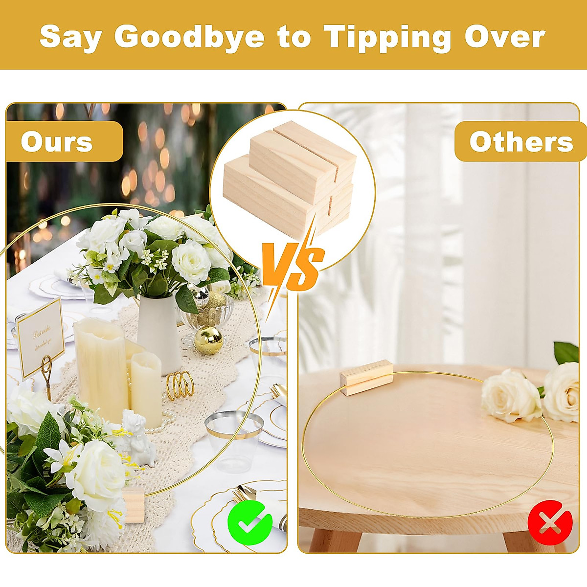 Hviiso 12 PCS 12 Inch Floral Hoop Centerpiece Table Decorations - Gold Wedding Party Centerpieces with Natural Wood Base, Metal Wreath Ring Stand for Balloon and Flower Decoration