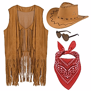 choyaxo Western Cowgirl Outfits Set Including Fringe Vest Cowgirl Hat Heart Shaped Sunglasses and Bandana for Women Halloween