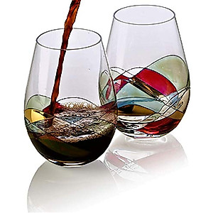 Bezrat Stemless Wine Glasses Set of Two | Hand Painted Large Premium Red and White Wine glasses | Lead-Free Crystal | Essential Wine Gift | 18 Ounces (Red)
