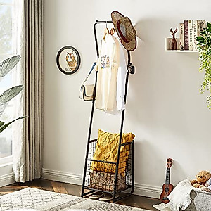 VECELO Metal Coat Rack Stand with Anti-Drop Design, Space Saving Hall Trees with Steel Basket,Small Garment Organizer with 2 Handy Cloth Rails and Slipper Space, Rectangle, Rustic Brown