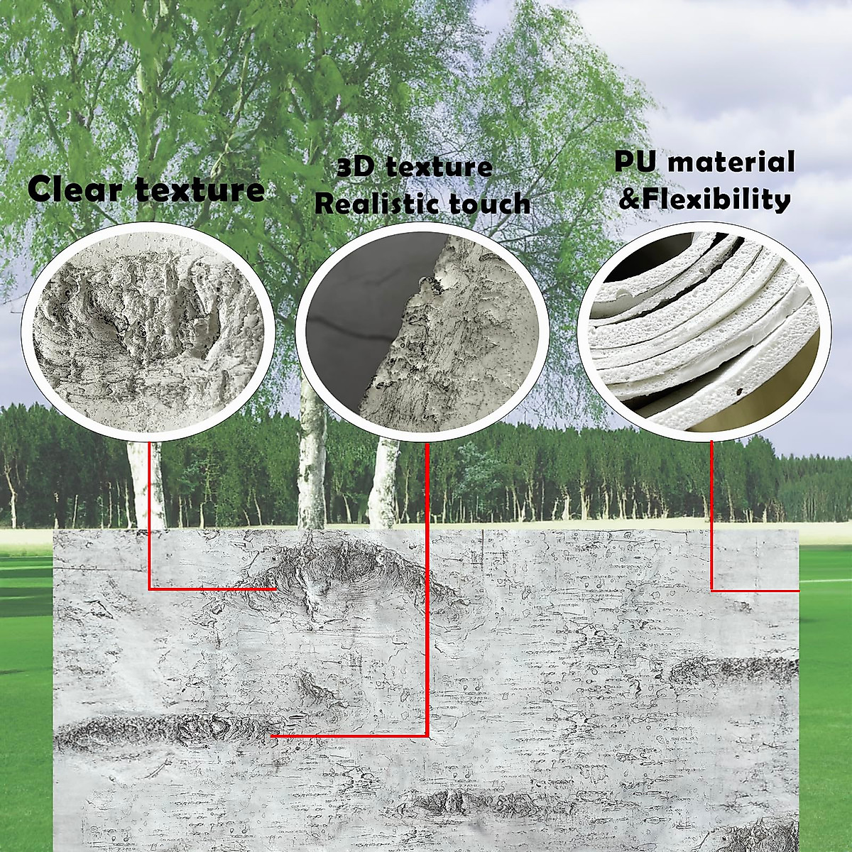 Artificial Birch Bark 3D Realistic Texture 78.7in*19.7in（10.8 Sq.ft）Silicone Material Faux Tree Bark Nature-Inspired DIY Design Eco-Friendly Home Deco Accentuating Natural Beauty
