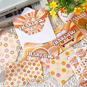 Whaline 36Pcs Groovy Retro Hippie Thank You Cards Thanksgiving Boho Floral Greeting Cards with Envelops and Stickers Rainbow Flower Note Card for Birthday Wedding Bridal Shower Party Decor, 4 x 6inch