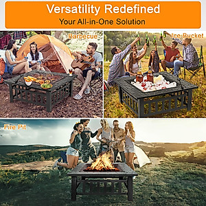 F2C 32 inch Outdoor Fire Pit Square Fireplace Metal Wood Burning Stove w/Waterproof Cover Poker, Patio Backyard Travel Camping BBQ Wood Burning