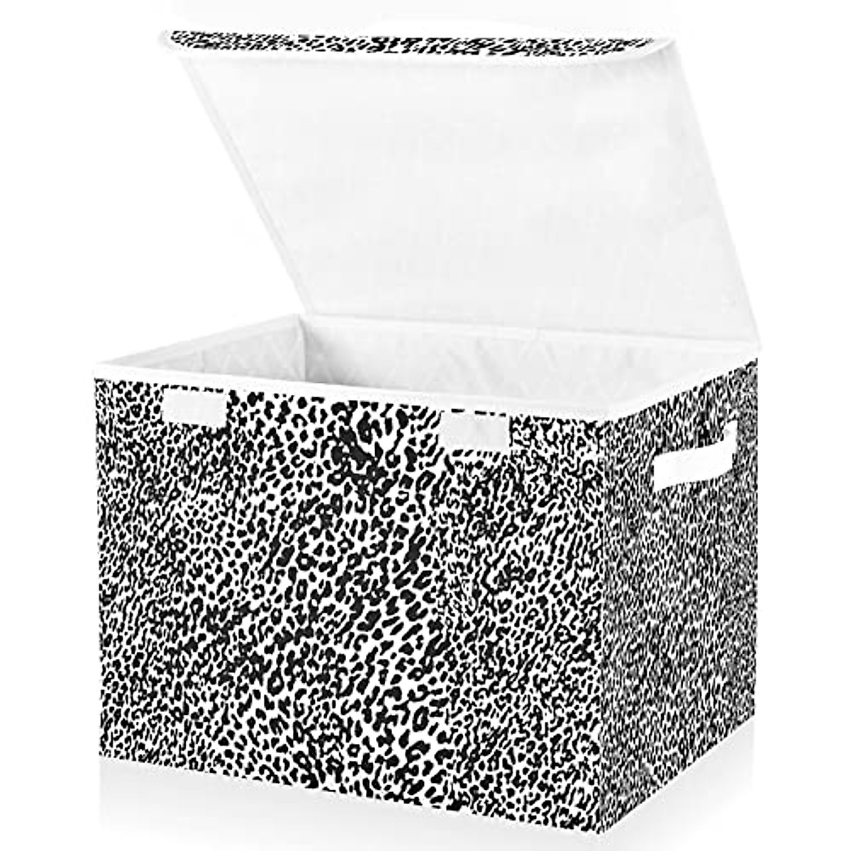 Kigai Storage Basket Black and White Leopard Storage Boxes with Lids and Handle, Large Storage Cube Bin Collapsible for Shelves Closet Bedroom Living Room, 16.5x12.6x11.8 In