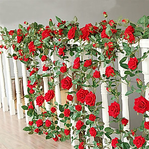 Vopie 4 Pack Fake Rose Vine Flowers Plants 32.2 FT Artificial Flower Hanging Rose Ivy Home Hotel Office Wedding Party Garden Craft Art Decor (Red)
