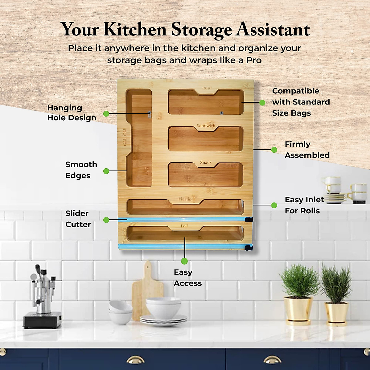 Bamboo 6 in 1 Food Storage Bag Organizer for Kitchen Drawer Baggie Container Dispenser Food Storage Bag Holder for Sandwich - Nuts, Cookies & Snack Variety Size Bags, Compatible with Ziploc,Gallon