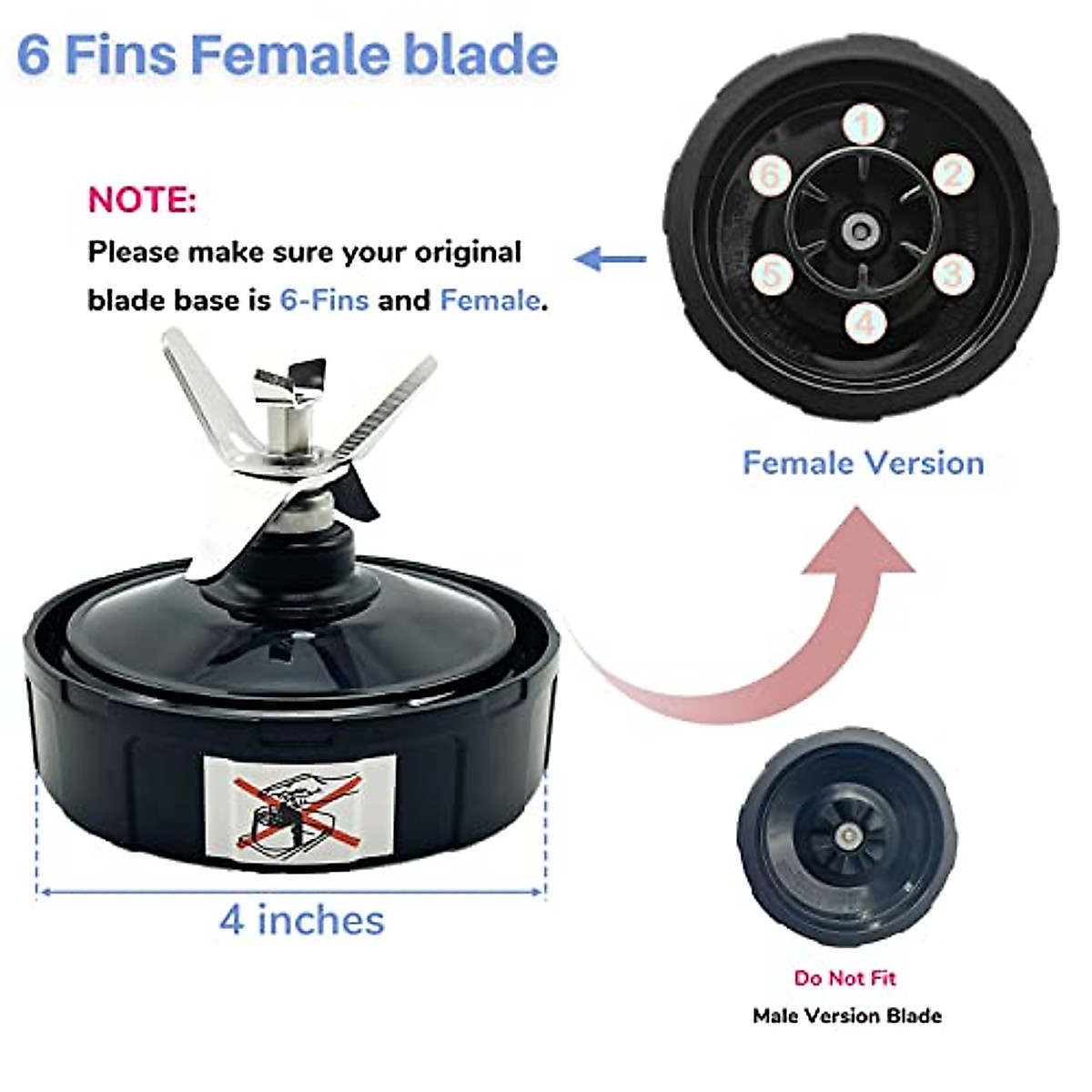 Blender 6 Fins Female Blade Replacement Parts for Ninja, Extractor Bottom Blade Compatible with Nutri Ninja Auto iQ BL450 69, BL451 70, BL455 30 DOB, BL456 70, BL480 70, BL480D 30 DOB, BL482 30 DOB
