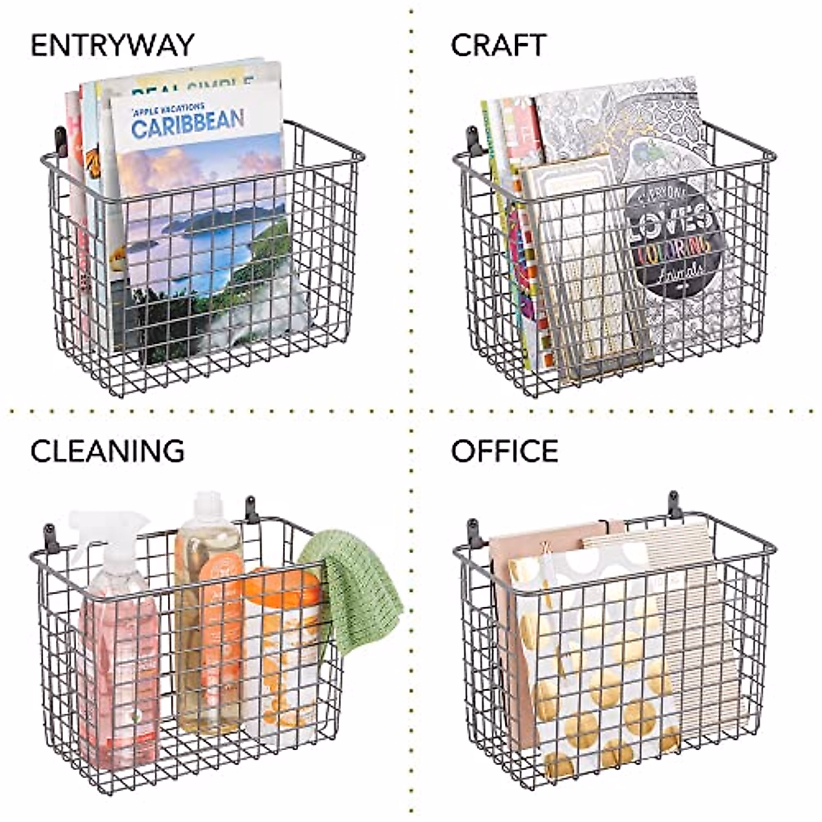 mDesign Portable Metal Farmhouse Wall Decor Storage Organizer Basket Bin with Handles for Hanging in Entryway, Mudroom, Bedroom, Bathroom, Laundry Room - Wall Mount Hooks Included, 2 Pack - Graphite