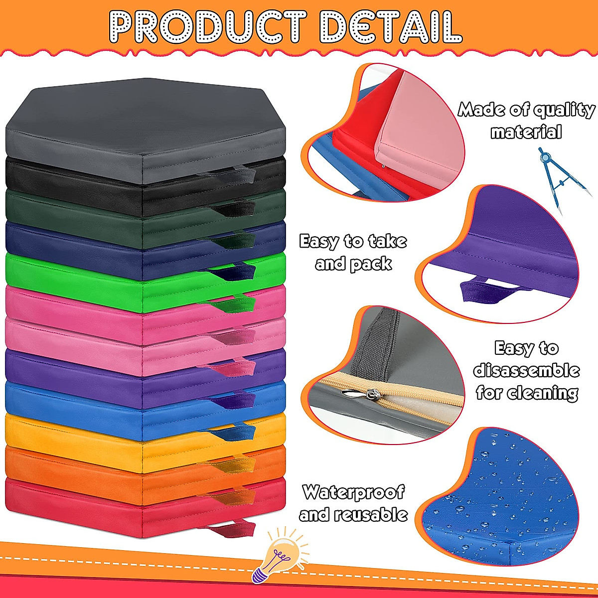 12 Pcs Floor Cushions Bulk for Classroom 15 Inch Colored Flexible Seating with Handle Soft Foam Floor Pillow Kids Floor Seats Cushion for Kids Adults Daycare School Home Office Chair (Hexagon)