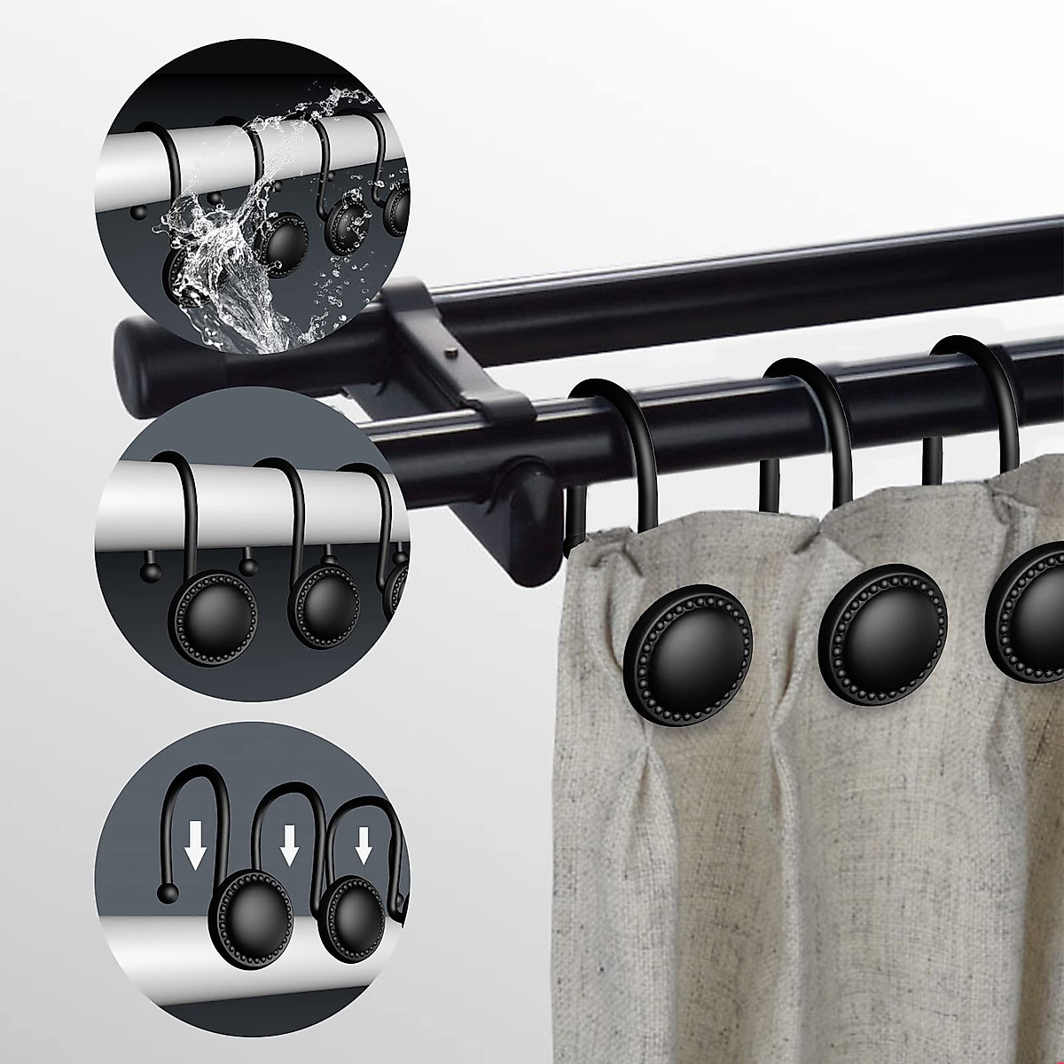 Shower Curtain Hooks Set of 12, Rust Proof Black Shower Curtain Hooks for Bathroom