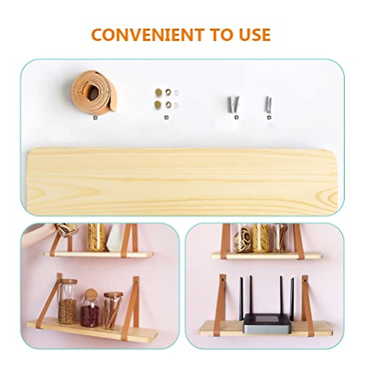 Cabilock Shelves 1 Set of Leather Wooden Shelf Wall Hanging Shelf Wooden Floating Shelf Decorative Bookshelf Rustic Storage Shelf for Home Bedroom Living Room Decorations Floating Shelves