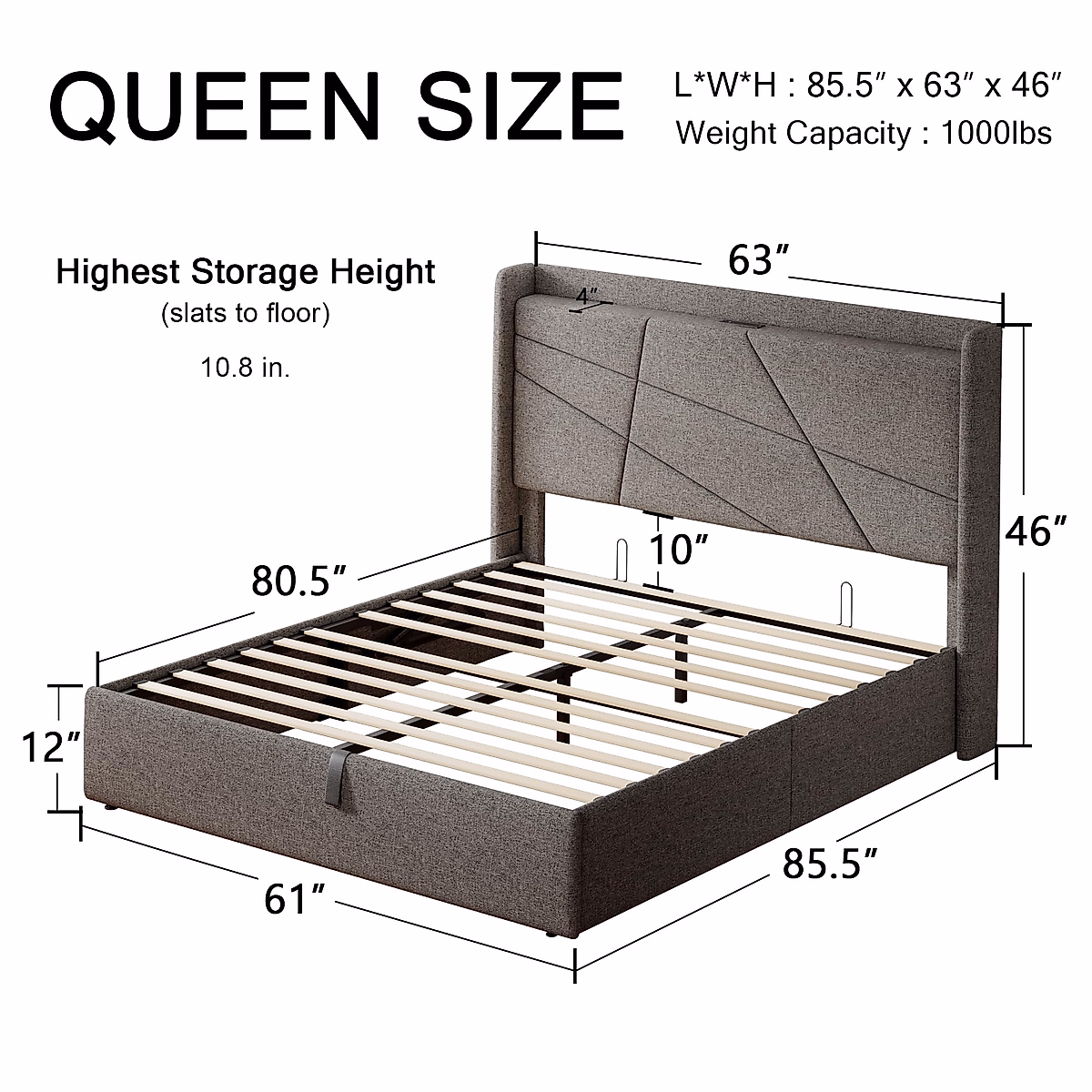 Einhomn Queen Size Lift Up Bed Frame with Charging Station, Upholstered Bed Frame with Storage, No Box Spring Needed, Noise-Free, Hydraulic Storage, Easy Assembly, Light Grey