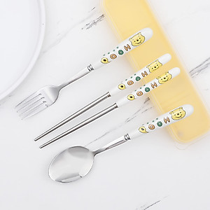 Pooh Portable Camp Reusable Flatware Cute Pooh Bear Travel Utensils Case with Stainless Steel Fork Spoon Chopsticks(SCF-Pooh)