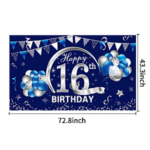 Kauayurk Blue Silver 16th Birthday Banner Decorations for Boy - Happy 16 Birthday Backdrop Party Supplies - Sixteen Birthday Poster Photo Props Brackground Sign Decor