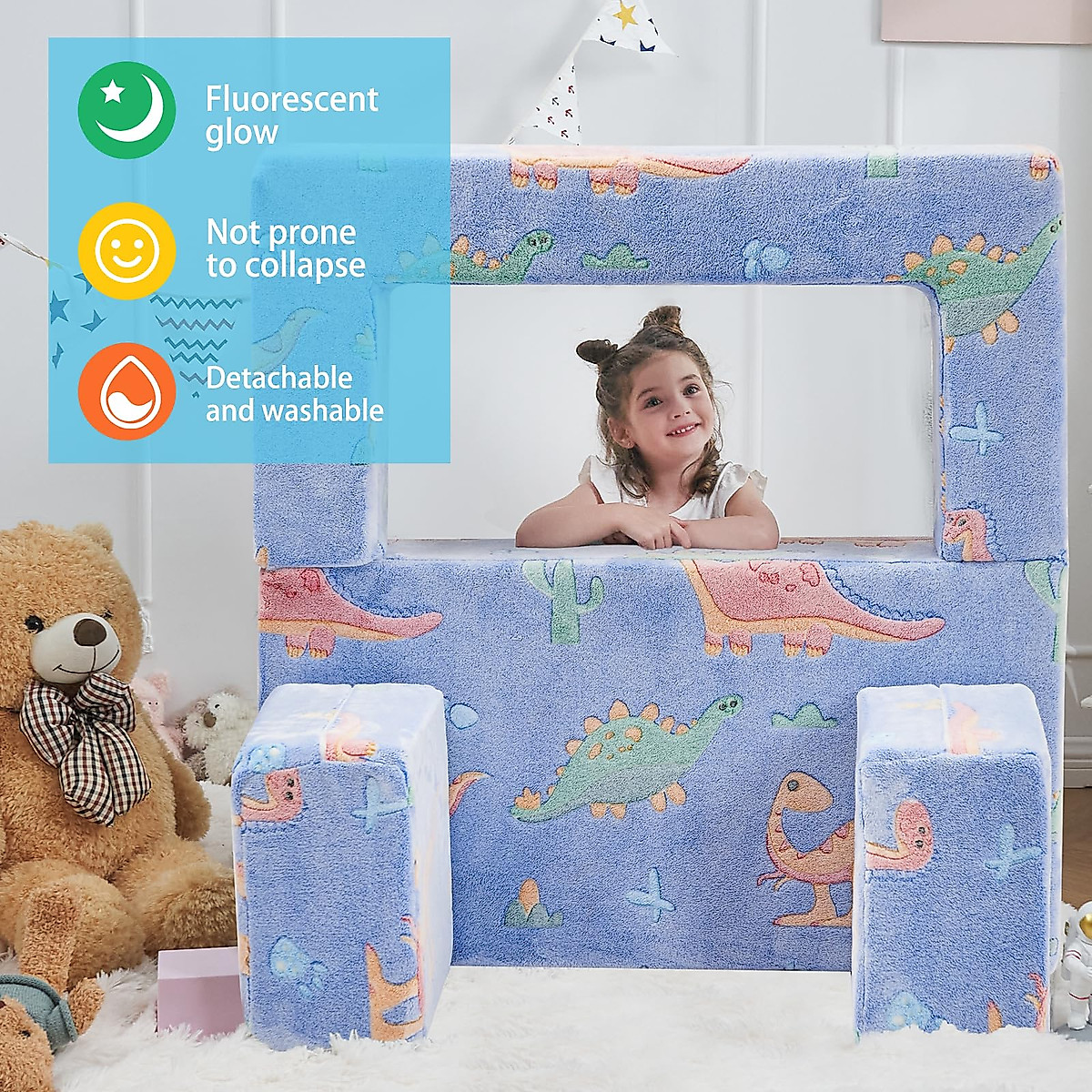 TELER Kids Couch Sofa Modular Toddler Couch, Glow in The Dark Sofa 3 in 1 Fold Out Kids Sofa with Washable and Durable Covers for Boys, Blue Dinosaur