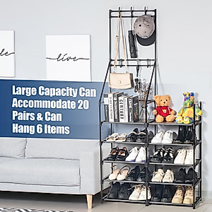 BukSuk 5 Tiers Shoe Rack, 20 Pairs Shoe Rack Organizer, Shoe Rack & Coat Rack, Space-Saving Shoe Rack for Closet, Non-Woven Fabric Shoe Shelf (Black)