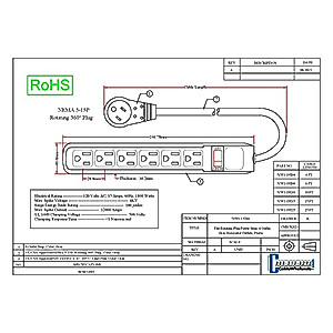 10 feet Surge Protector, Flat Rotating Plug, 6 Outlet, Black Horizontal Outlets, Plastic, 10ft Power Cord, Surge Protector Multi Plug, CableWholesale