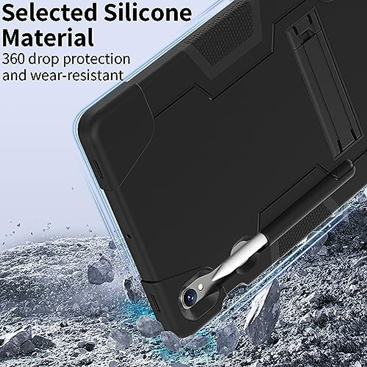 Kezigud Shockproof Kickstand Case for Galaxy Tab S9 11''/S9 FE 10.9'', Heavy Duty Hybrid Rugged Three Layer Soft Silicone+Hard PC with S-Pen Holder Cover for Samsung Tab S9/S9 FE 2023(Black)