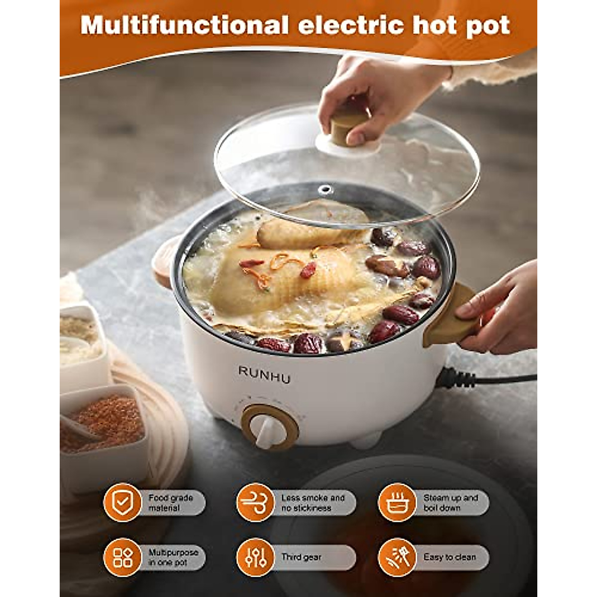 RUNHU Electric Hot Pot with Steamer, 4L Non-Stick Electric Frying Pan with Multi-Power Control, 3.1" Depth Multifunctional Cooker with Overheating Protection for Shabu Shabu, Noodles, Sauté (White)