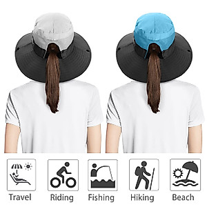 IYEBRAO 2 Pack Womens Ponytail Sun Hat UV Protection Bucket Hats Foldable Wide Brim Summer Boonie Beach Cap Fishing Hiking(Beige & Sky Blue)