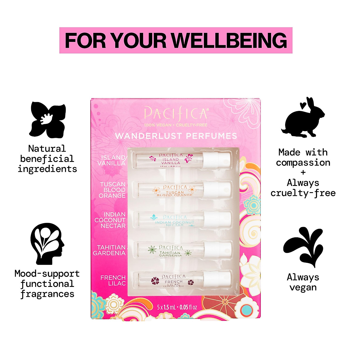 Pacifica Beauty, Wanderlust Spray Perfume Trial Set, Featuring Island Vanilla Mini, 5 Scents, Fragrance Sampler Gift Set, Natural + Essential Oils, Clean, Vegan + Cruelty Free