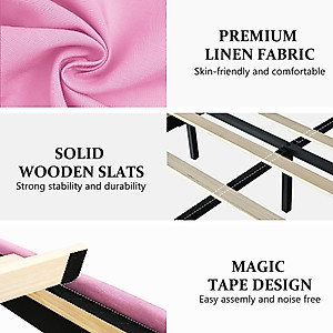 Twin Bed Frames with Button Tufted Headboard, Linen Upholstered Platform Bed with Wooden Slats Support, Princess Bed Frame for Girls, Easy Assembly, No Box Spring Required, Pink