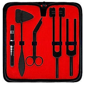 DEXSUR Diagnostics Kit - Percussion Taylor Reflex Hammer + C 128 & C 512 Tuning Forks + Bandage Scissors + Pupil Gauge Pen Light in Carrying Case - 6 Pieces Set - Full Black