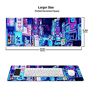 LTHAOGUO Neon Street Desk Mat, Japanese Vaporwave Cyberpunk City Cyan Gaming Mouse Pad, Rubber Base XL Large Deskmat for Computer Laptop, 31.5 X 11.8 Inch -Tokyo Rain Umbrella