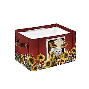 Sunflower Barn Cow Cube Storage Organizer Bins with Handles, 15x11x9.5 Inch Collapsible Canvas Cloth Fabric Storage Basket, Retro Farmhouse Animal Books Kids' Toys Bin Boxes for Shelves, Closet