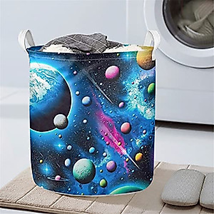 Frestree Space Planet Storage Hamper Waterproof Durable Bedroom Bathroom Laundry Basket Galaxy Solar System Home Decor, with Handles Toy Storage Bag